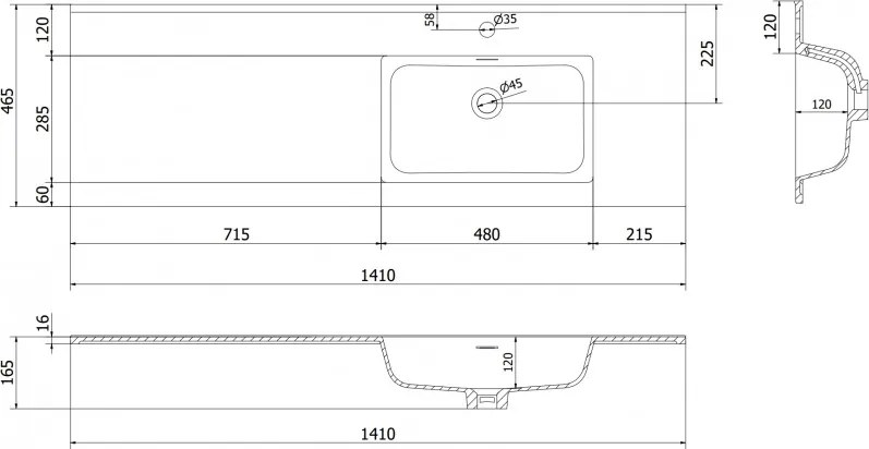 Mexen Otis umyvadlo zapuštěné do desky, pravé, 141 × 46,5 cm, černá matná, 25181471P