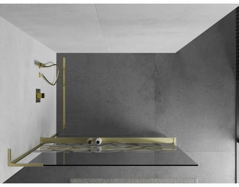 Mexen Kioto+ L, sprchová zástěna Walk-In s poličkou a věšákem 110 x 200 cm, 8mm čiré sklo bílý vzor, ​​zlatý matný profil, 800-110-123-55-85