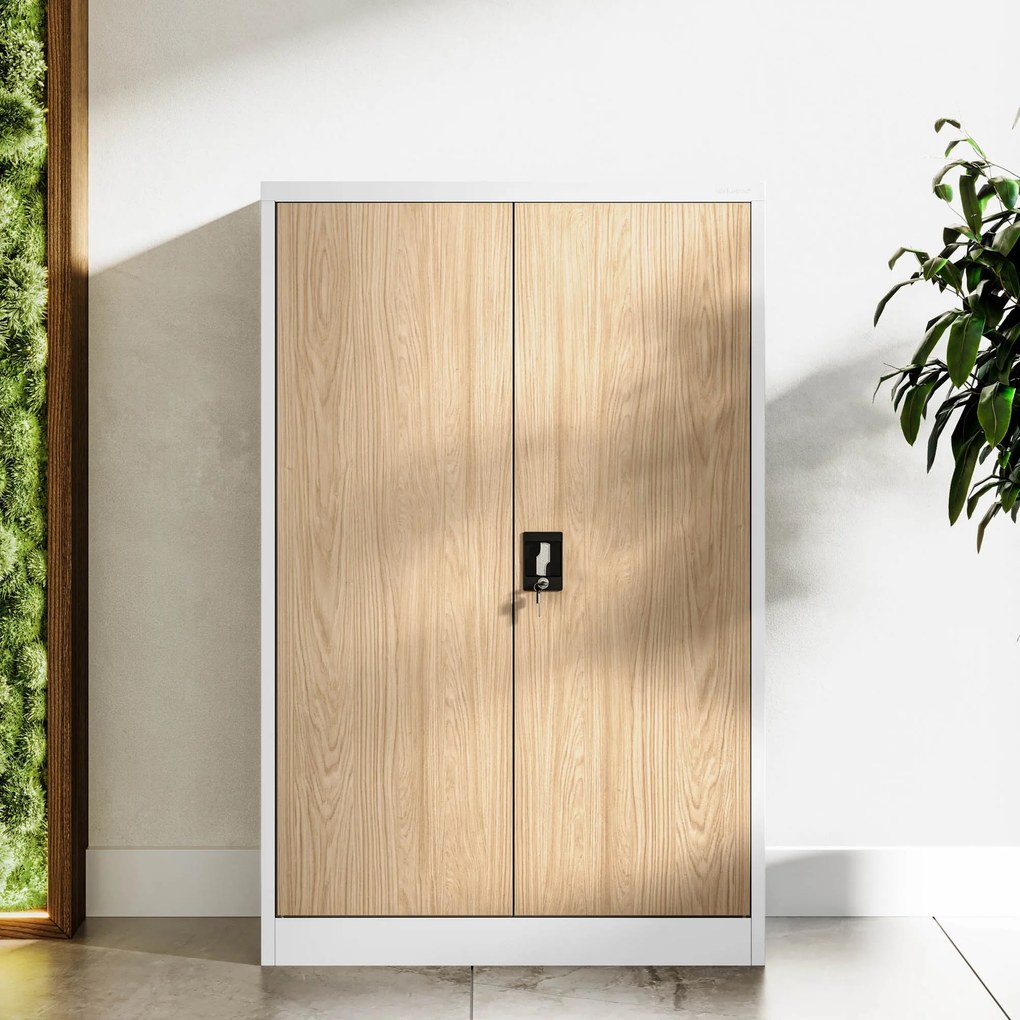 Nízká kovová kancelářská skříň se 3 policemi, bílá/dub sonoma, 900x1400x400 mm: KEVIN Eco Design