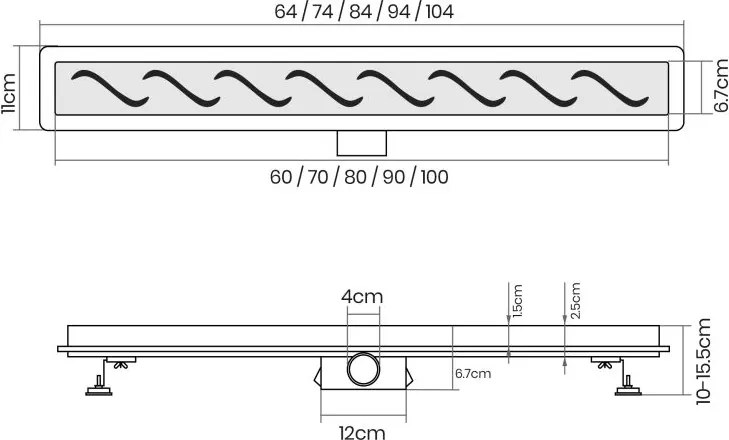 Aquamarin Sprchový podlahový žlab vlnitý, 100 cm