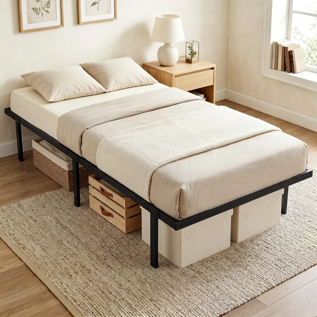 HOMCOM kovový rám postele s úložným prostorem pod postelí, výška 35,5 cm, tichý design, bez roštů, snadná montáž, 90 x 200 cm, černý