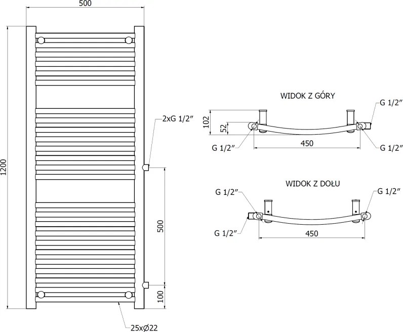 Mexen Ares, topné těleso 1200 x 500 mm, 531 W, boční pravé a spodní připojení, bílá, W102-1200-500-00-20-S