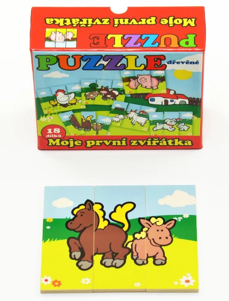 Teddies Puzzle Moje první zvířátka dřevěné 18 dílků pro nejmenší v krabičce 13x11,5x4,5cm 12m+ MPZ
