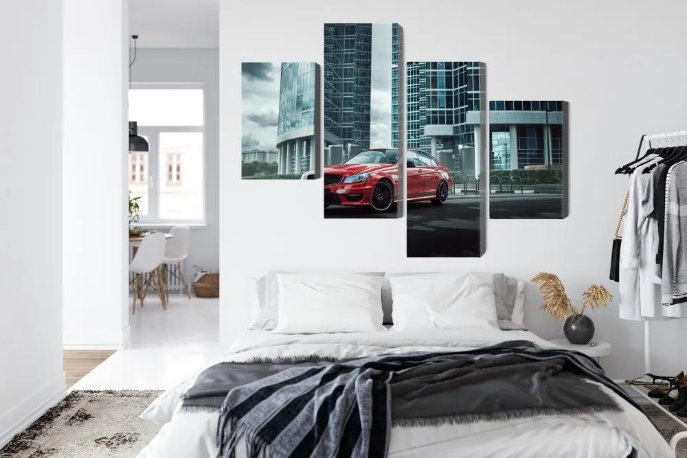 Vícedílný obraz Červené Auto Na Pozadí Moderních Mrakodrapů Nedostatek Nedostatek Přírodní plátno 240x150