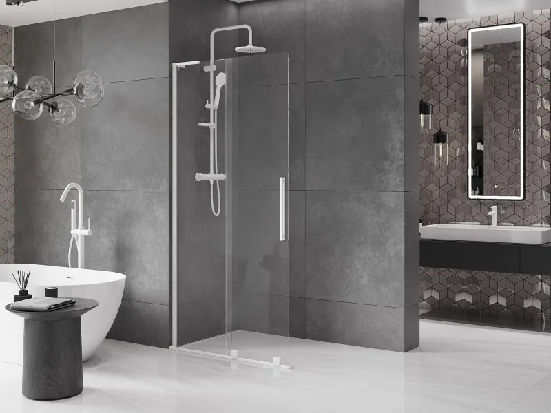 Mexen Velar L, posuvná sprchová zástěna Walk-in 90 x 200 cm, 8mm čiré sklo, bílá matná, 871-090-003-03-20