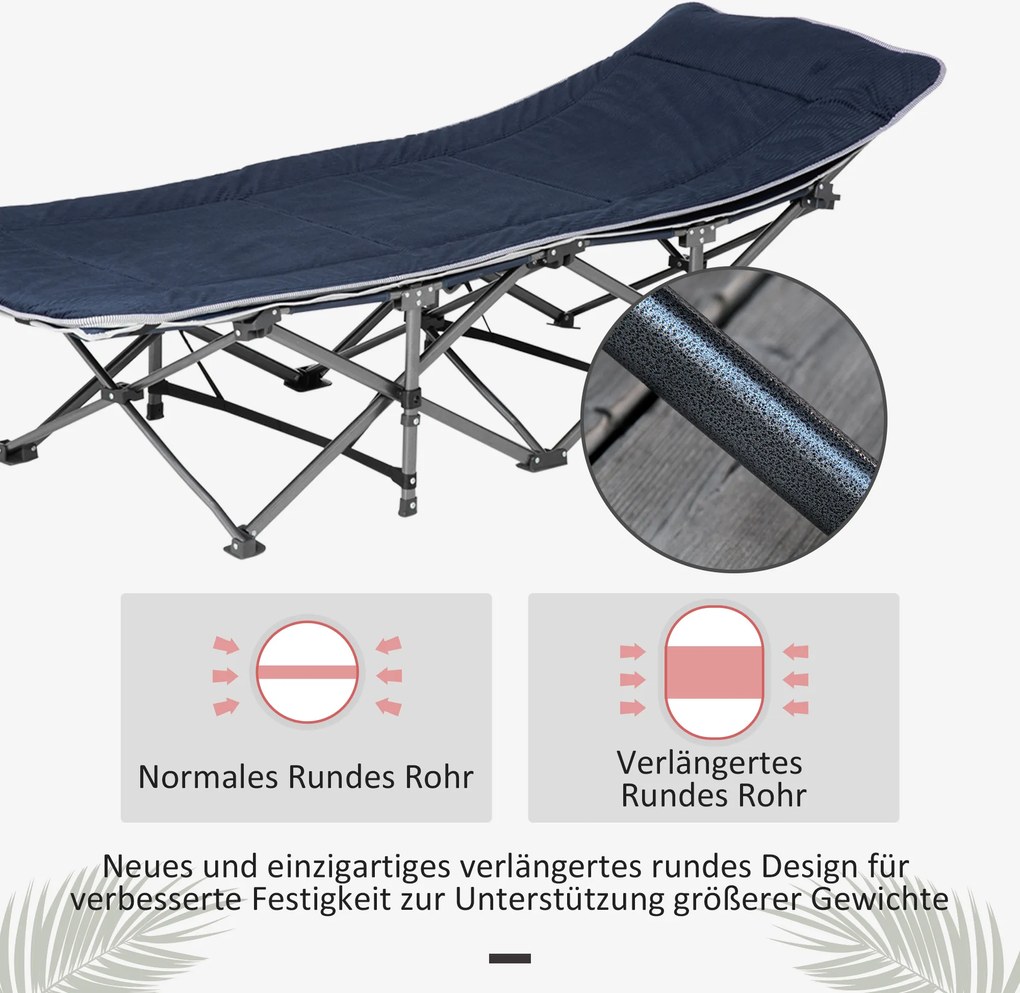 Kempingová postel, skládací kempinkové lůžko s polštářem, 188 x 64,5 x 53 cm, tmavě modrá