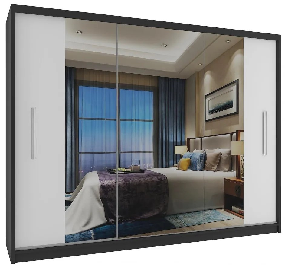 Šatní skříň se zrcadlem Mirror 235 cm - černá / bílá