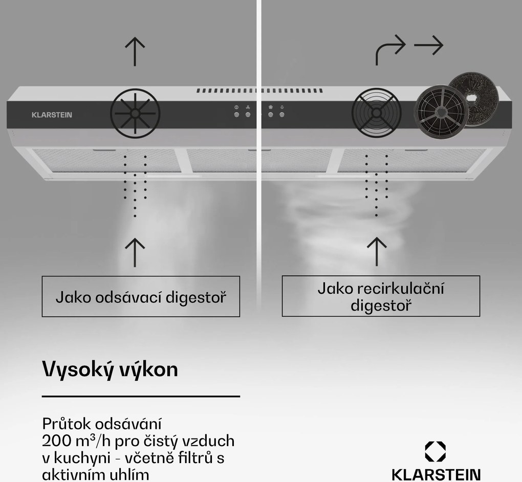 Klarstein Contempo 90, digestoř, 90 cm, podskříňková, 200 m³/h, LED, akryl, nerezavějící ocel