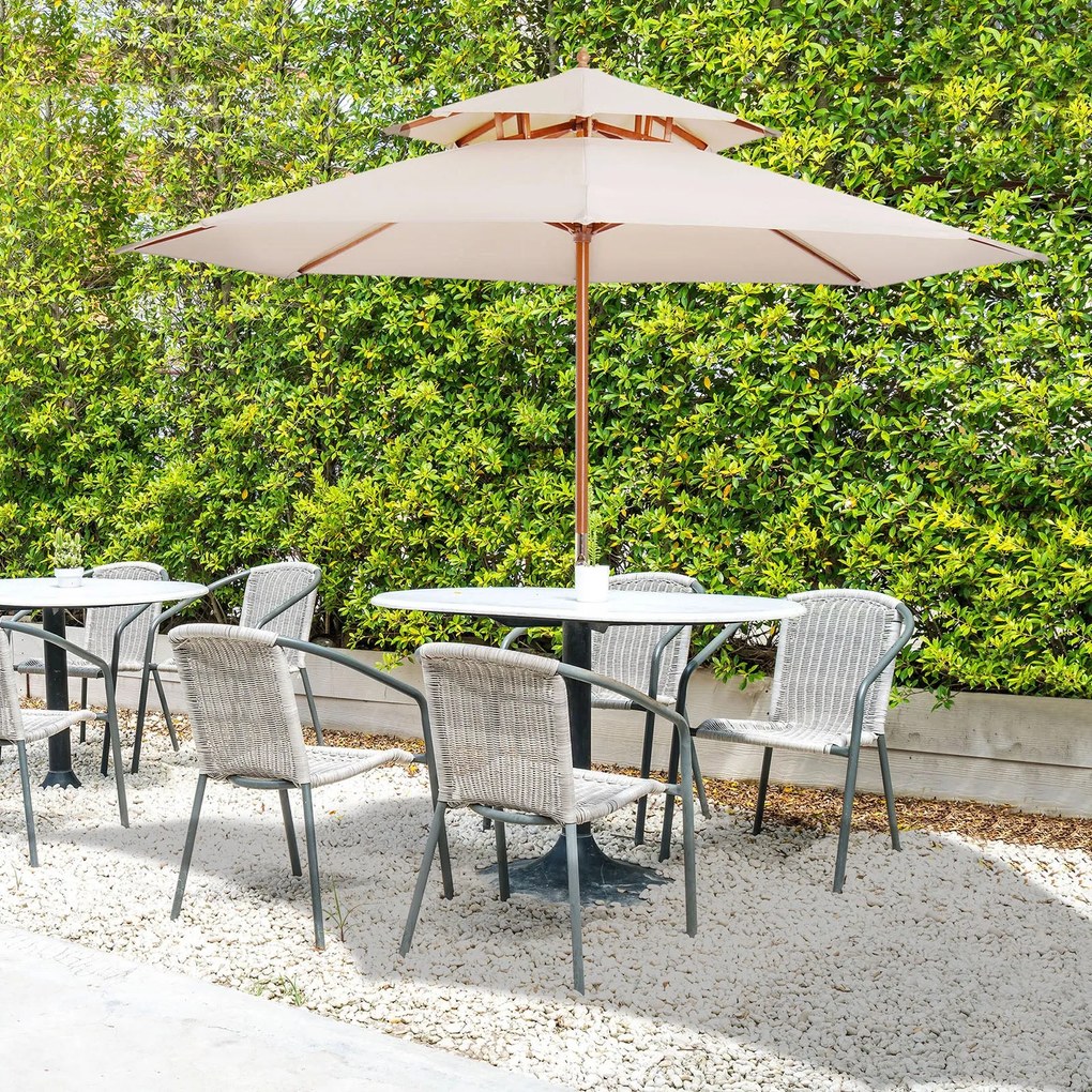 Outsunny Rovný Dřevěný Zahradní Slunečník Kulatý Slunečník Polyester 180 g/m² 2 Střechy dia. 2.7 x 2.6H m béžový | Aosom