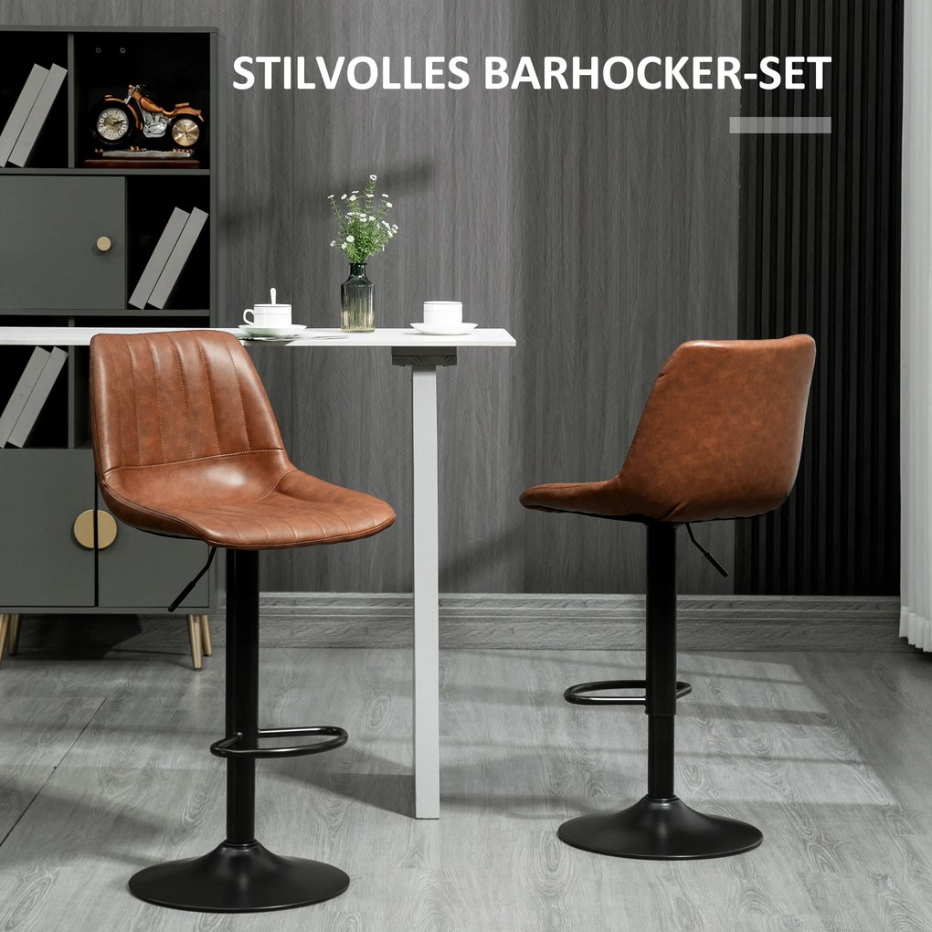 HOMCOM Sada 2 barových židlí Výškově nastavitelná pultová stolička imitace kůže Bistro stolička s kroužkem na nohy ocelová hnědá do kuchyně a baru | …