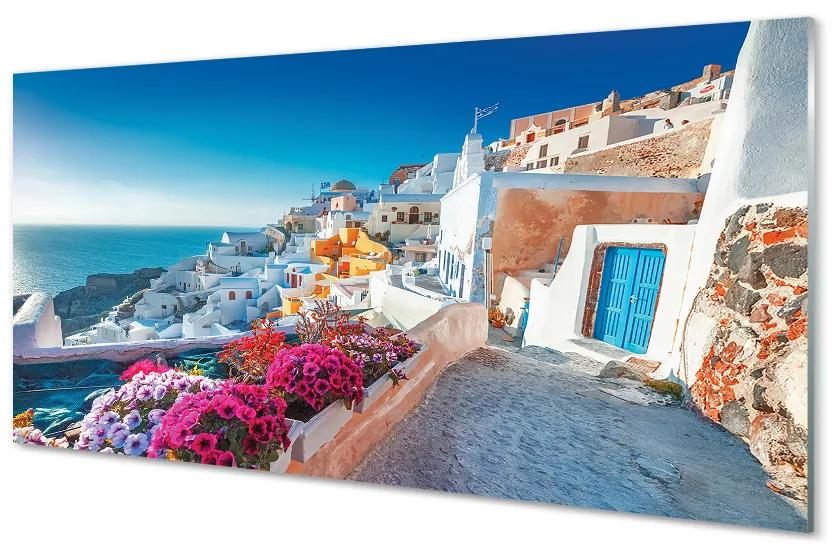 akrylový obraz Budovy Řecko mořské květiny 140x70 cm