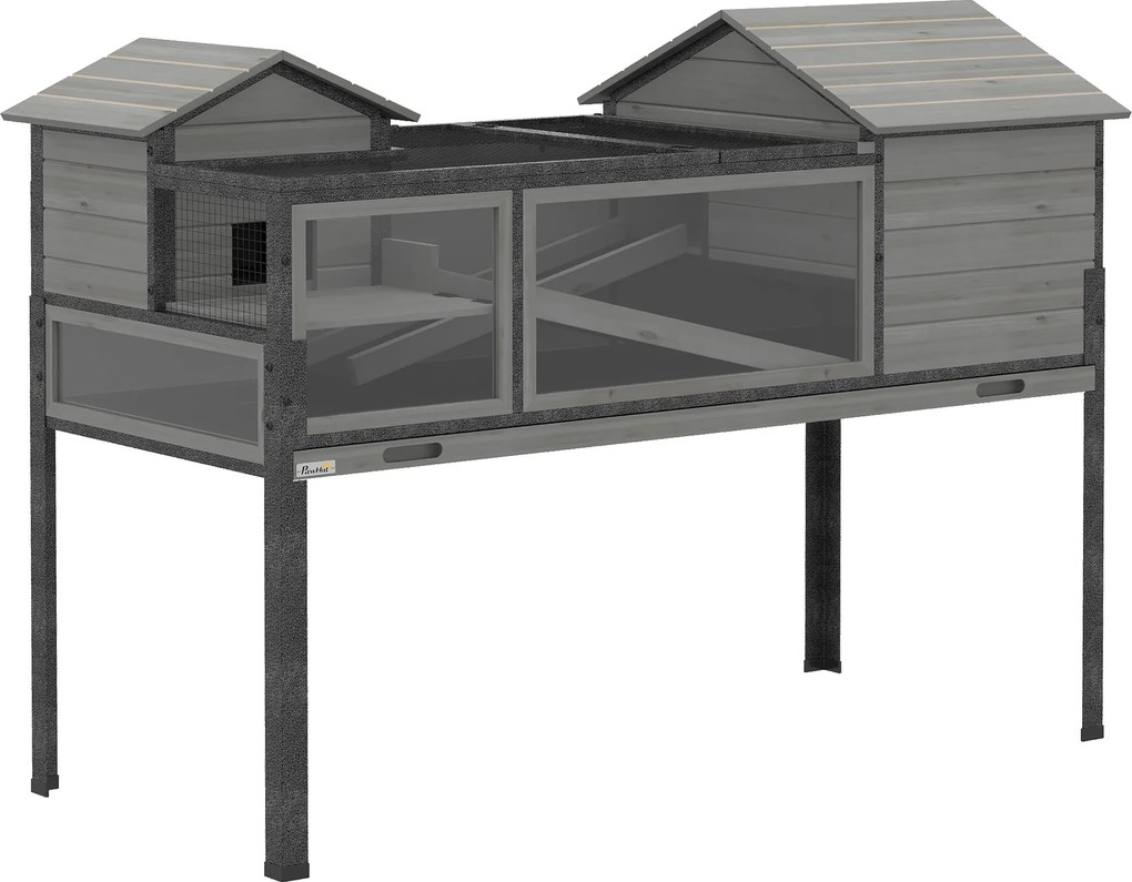 PawHut dvoupatrový dřevěný výběh pro želvy s akrylátovým oknem a výsuvnou vanou, šedý