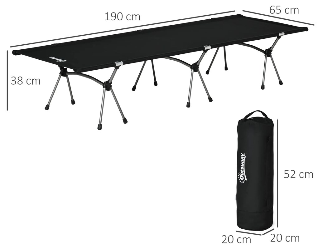 Outsunny kempinkové lůžko skládací hliníkové kempinkové lůžko výškově nastavitelné černé 190x65x38cm do 150kg s taškou na přenášení pro outdoor | Aos…