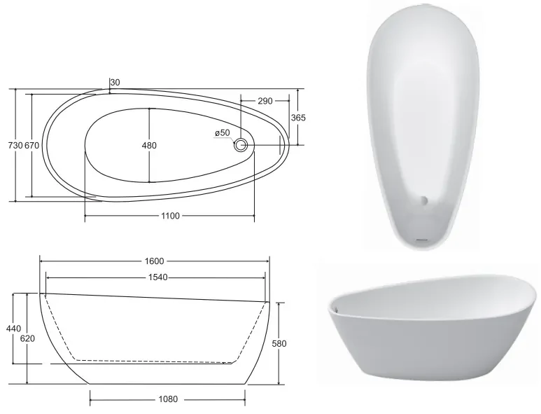 Besco Goya A-Line volně stojící vana 160x73, litý mramor | BIANO
