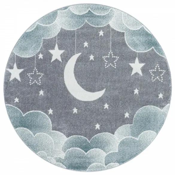 Dětský koberec Funny měsíc nad oblaky modrý / šedý, kruh