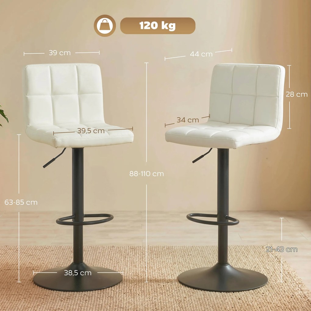 HOMCOM set 2 barových židlí s nastavitelnou výškou a opěrkou nohou, z PU kůže a oceli, 39,5x44x88-110 cm, krémová
