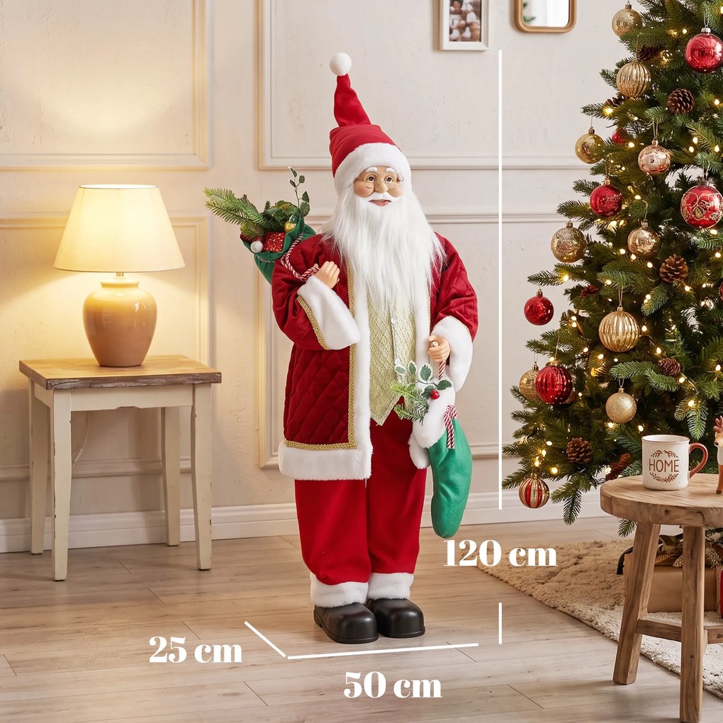 HOMCOM 120 cm zpívající a tancující Santa Claus, stojící animovaná vánoční postava s punčochou, pytlem, aktivovaná zvukem / dotykem