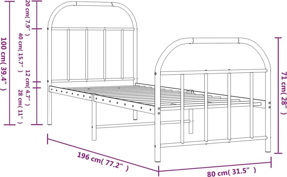 vidaXL Kovový rám postele s hlavovým a nožním čelem 75 x 190 cm [353643] Barva: Černá