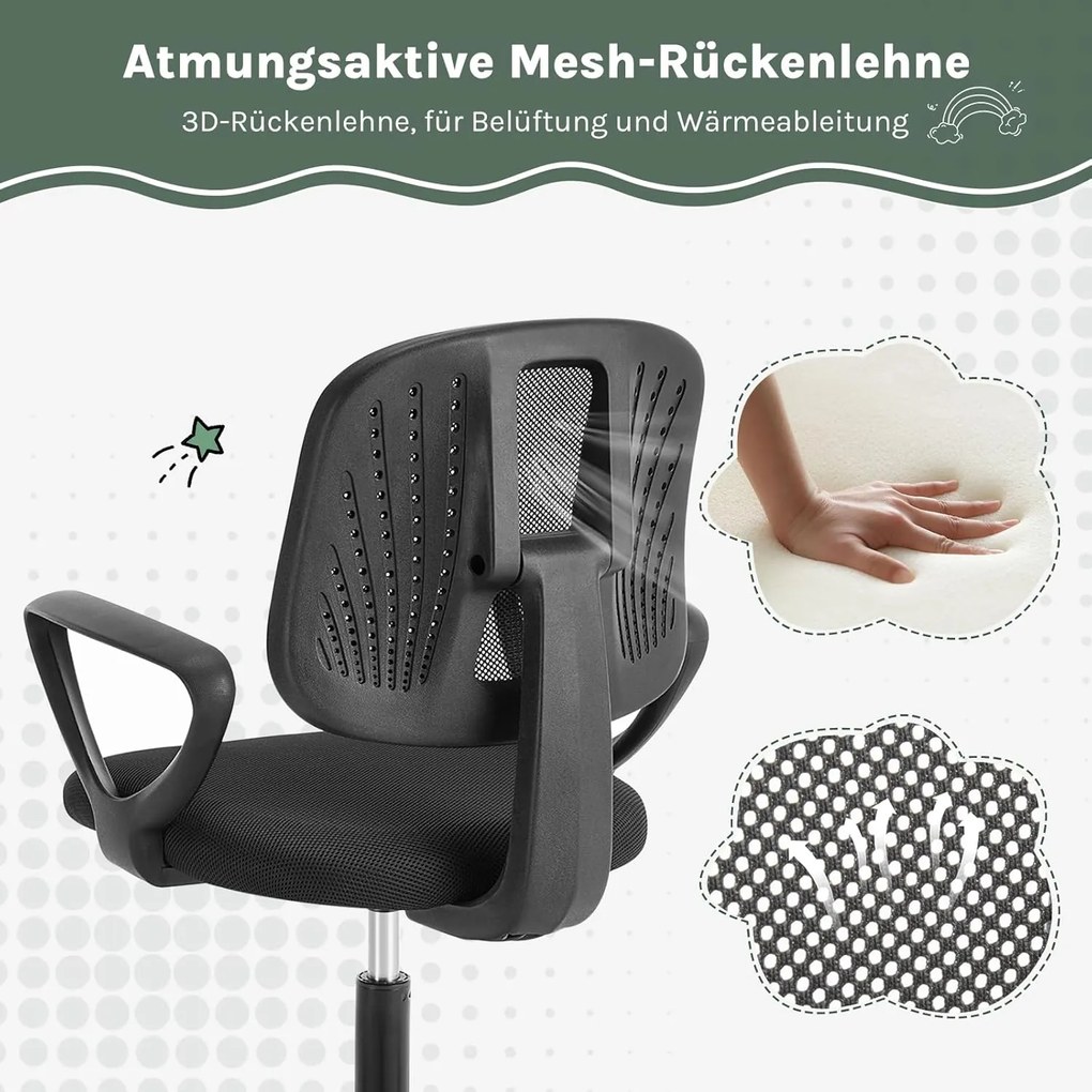 WOLTU Dětská otočná židle s područkami – ergonomická kancelářská židle, černá