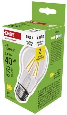 Emos lighting LED žárovka Filament A60 / E27 / 3,4 W (40 W) / 470 lm / neutrální bílá 1525733497