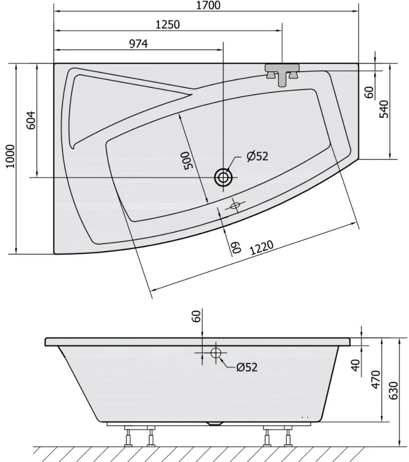 Polysan EVIA L asymetrická vana s konstrukcí 170x100x47cm, bílá, 21711