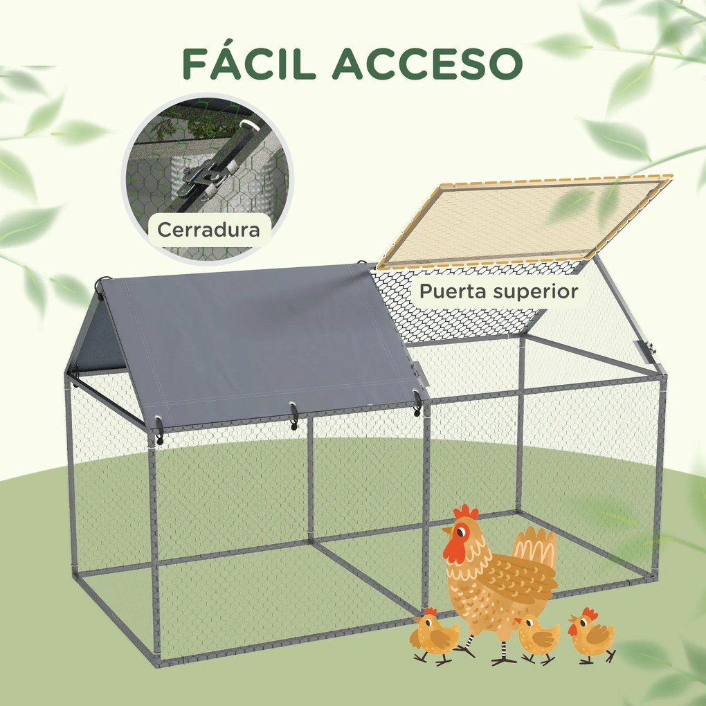 PawHut Malá Kotec pro Hlodavce s Ocelovou Konstrukcí, 1 Vrchními Dveřmi a 1 Fólií proti UV, pro Venkovní Zahradu 198x100x120 cm Stříbrná