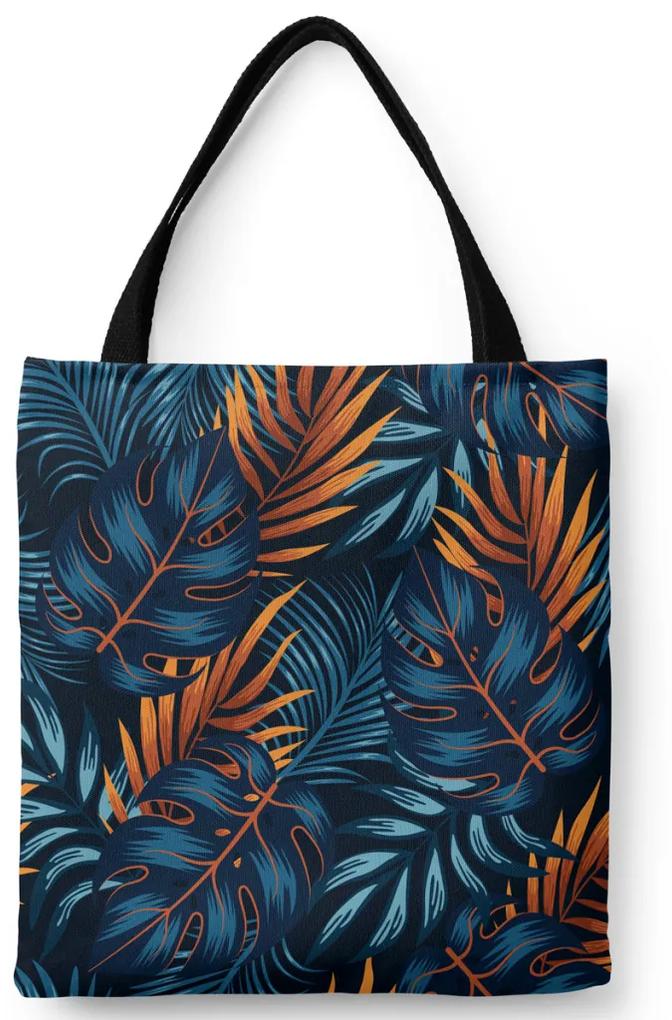 Nákupní taška Tajemné keře - motiv listů v modré a oranžové barvě
