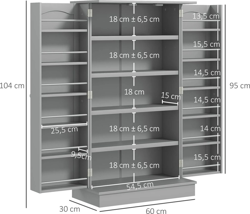 HOMCOM Moderní Kuchyňská Skříňka s Úložným Prostorem, Regály a 12 Kořenkami, Spíž pro Jídelnu a Obývací Pokoj, 60 x 30 x 104 cm, Šedá