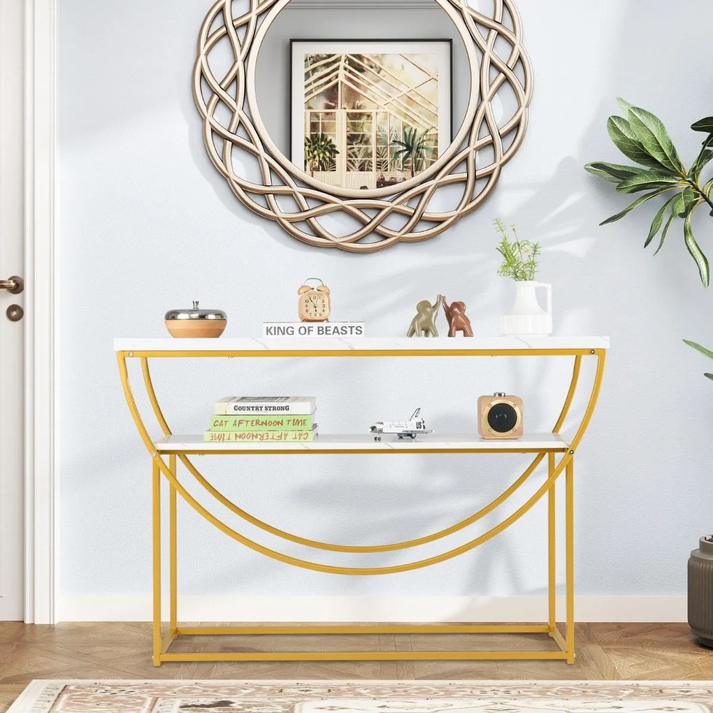 Costway Úzký konzolový stůl s mramorovou deskou 2 úrovně Sofa Table, bílý