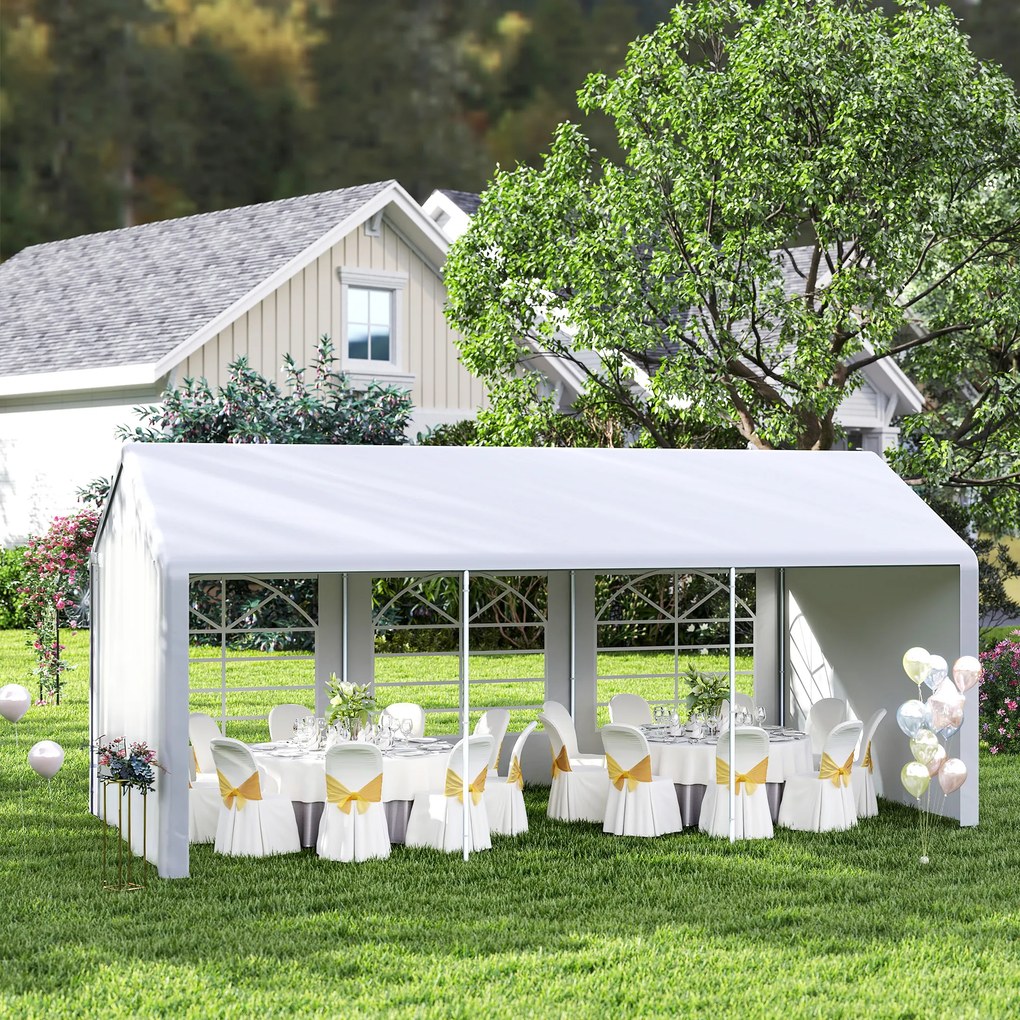 Pavilonový párty stan Outsunny 3x6m se 4 bočními stěnami a okny z polyesteru a kovu – bílý