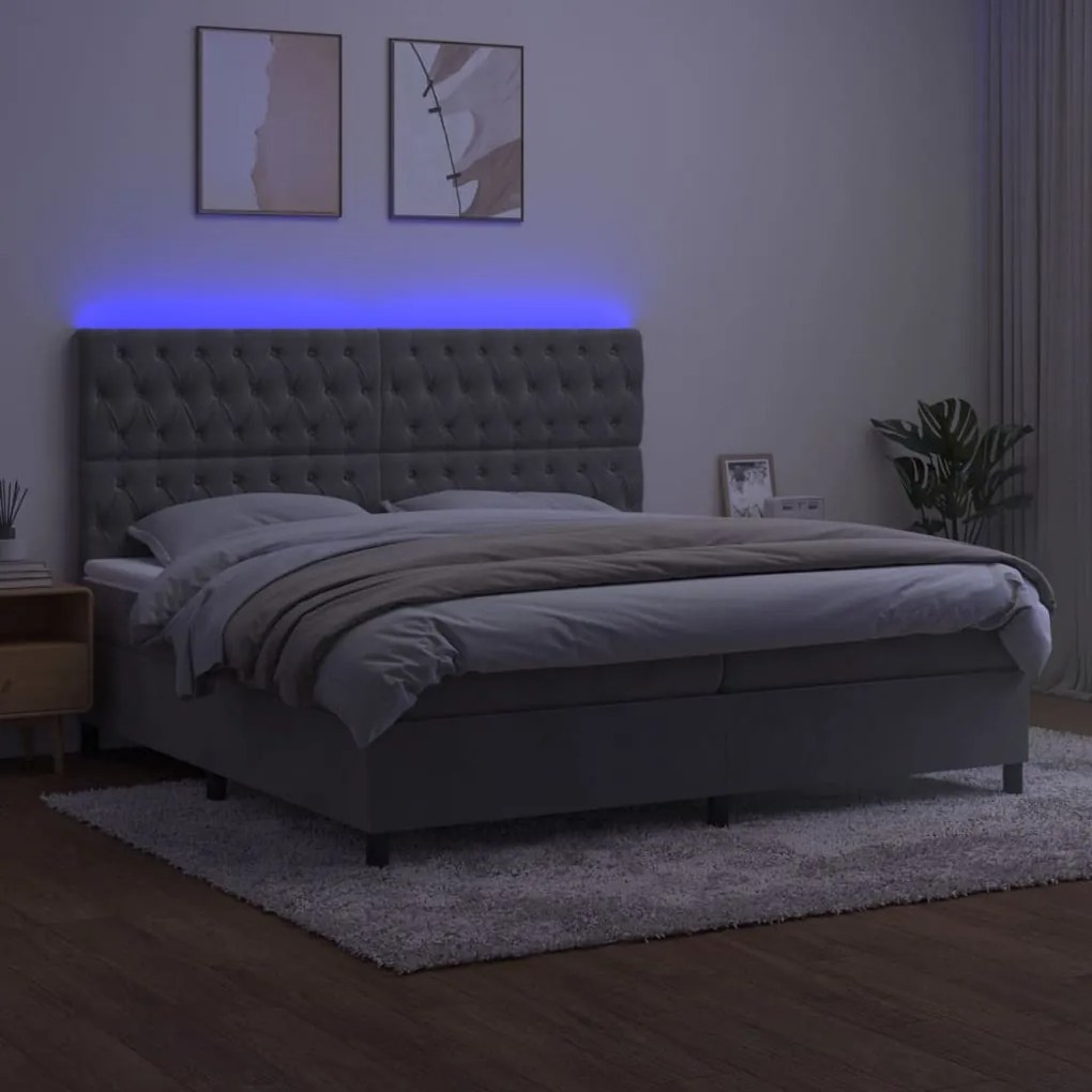 Box spring postel s matrací a LED světle šedá 200x200 cm samet 3136323