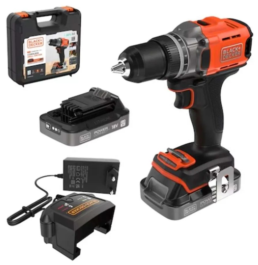 BLACK+DECKER Nářadí - 18V AKU vrtací šroubovák, 2x aku 2,0 Ah Li-Ion, nabíječka BCD382D2XK-QW