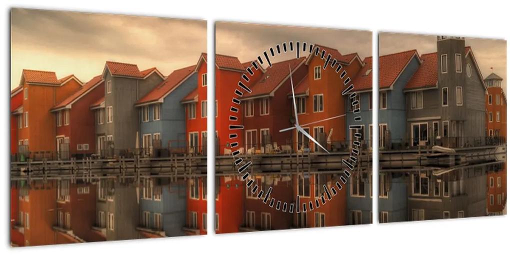 Obraz barevných domečků (s hodinami) (90x30 cm)