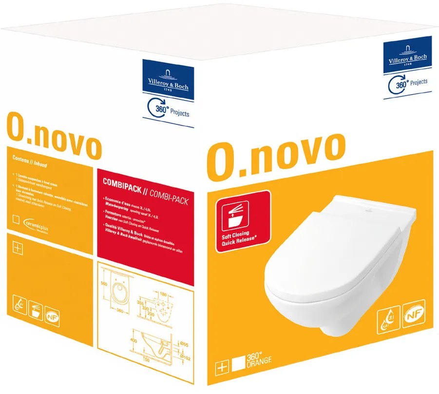 Villeroy & Boch O.NOVO - COMBI PACK WC závesné DirectFlush + sedátko s poklopom SoftClosing, biela Alpin 5660HR01