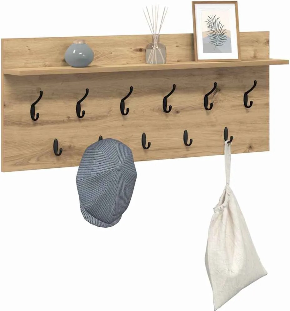 věšák, nástěnný, 1 prkno, háčky, kompozitní dřevo, 40x100x12 cm, dub artisan, Dekorino TK20260019