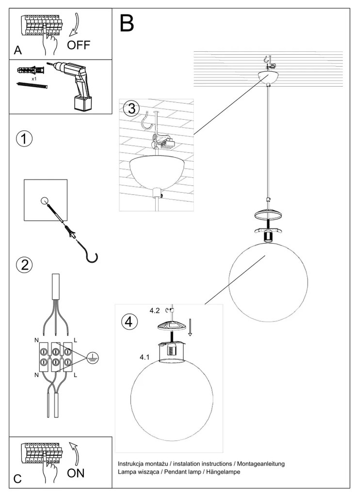 Závěsné svítidlo Ugo, 1x bílé skleněné stínítko, (fi 20 cm), ch