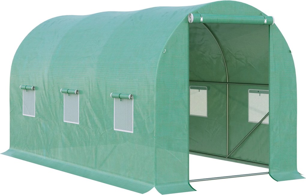 Skleník Outsunny 395x195x190 cm – fóliový skleník s dveřmi a 6 okny, stabilní skleník z pozinkované oceli a PE, včetně kotvících kolíků a šňůr | Aosom