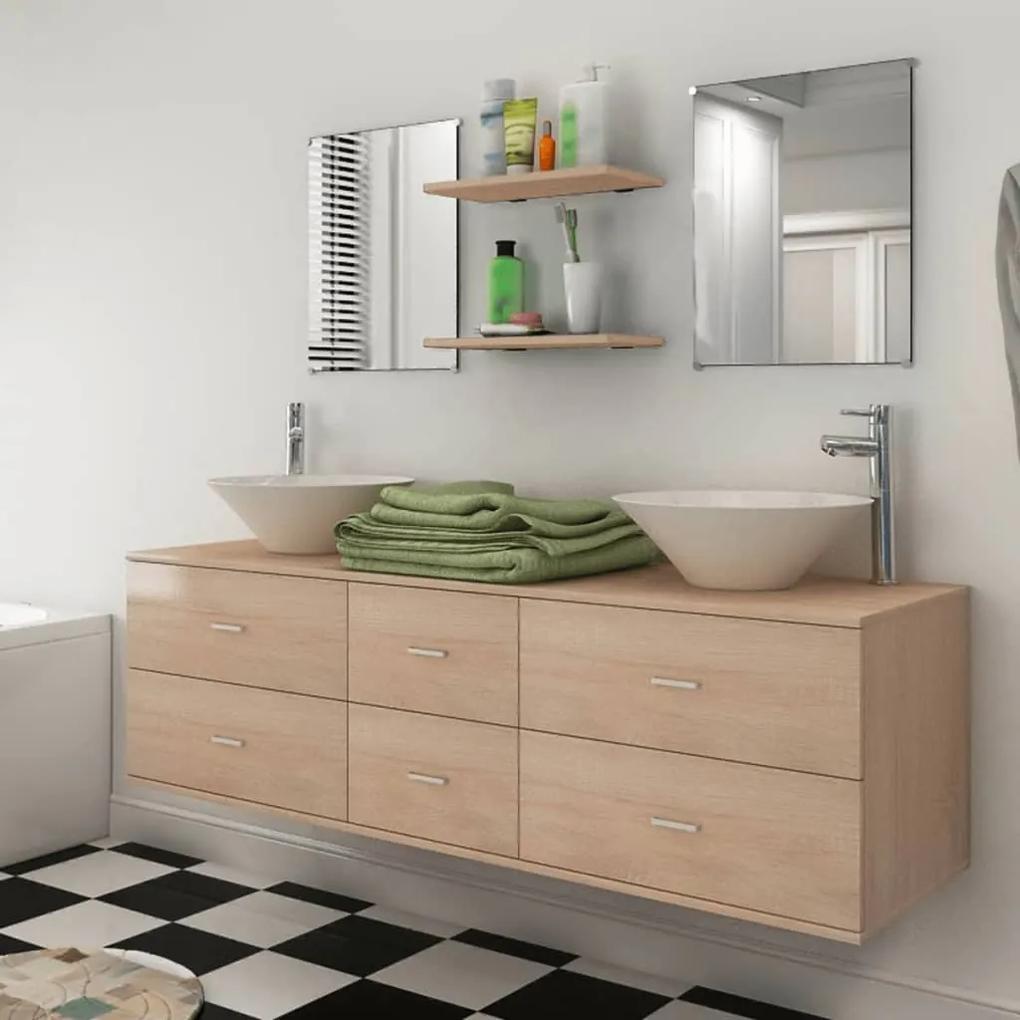 Devítikusový set koupelnového nábytku s umyvadlem a baterií, béžový - Default Title