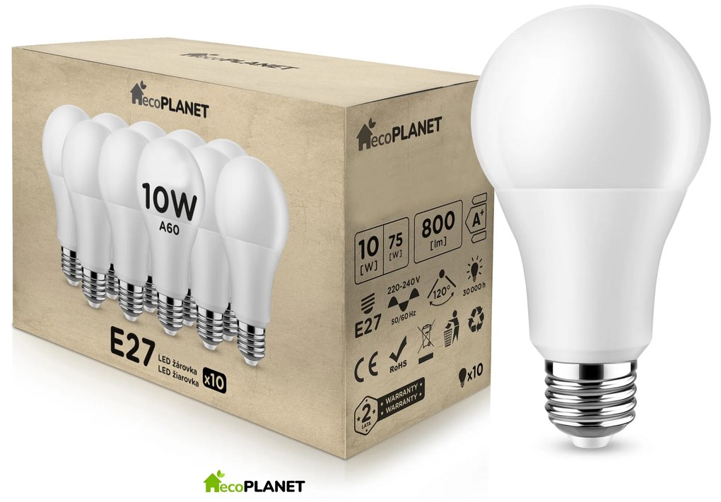 10x LED žárovka - ecoPLANET - E27 - 10W - 800Lm - studená bílá