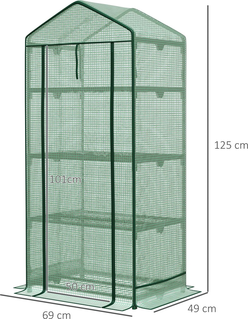 Mini skleník Outsunny s fóliovým krytem a 3 policemi, rolovací dvířka, zeleninový záhon v zelené barvě 69 x 49 x 125 cm pro milovníky zahrady