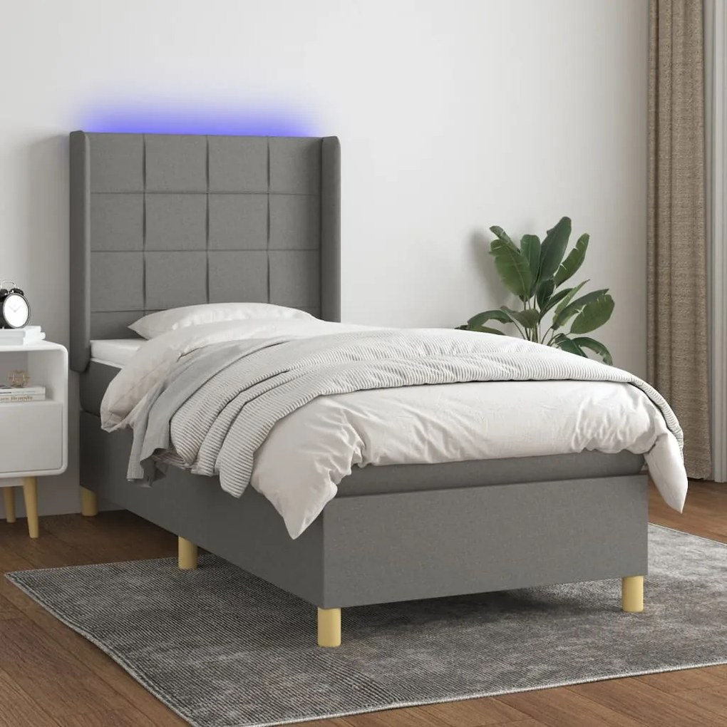 Box spring postel s matrací a LED tmavě šedá 100x200 cm textil,  3138854