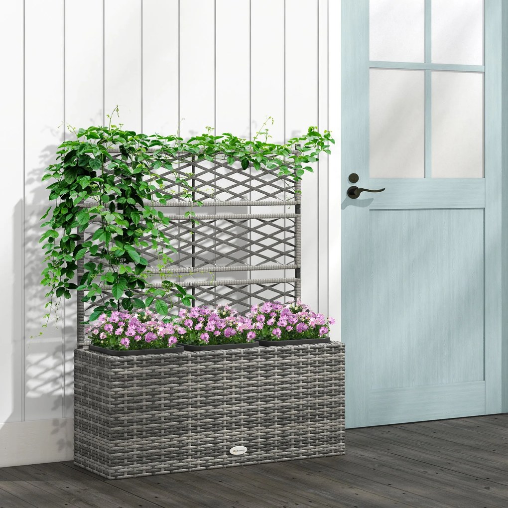 Outsunny Květináč s Trellis pro Popínavé Rostliny, Zvedený Květinový Záhon s 3 Vnitřními Květináči, Ocelová a PE Ratanová Konstrukce, 84x30x107cm, Še…