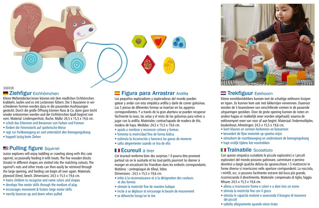 Tahací hračka s vkládacími tvary - veverka