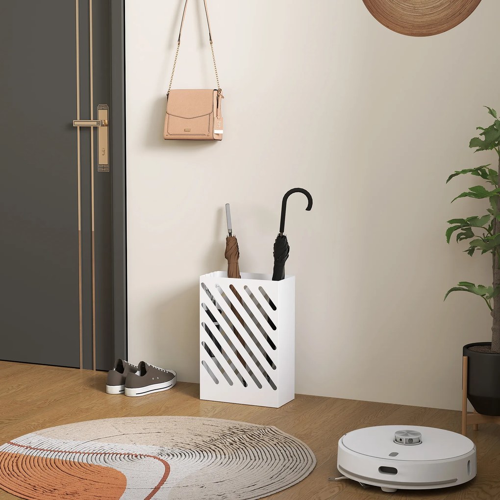 HOMCOM Stojan na deštníky s odkapávací miskou, 4 háčky, ocel, 28L x 14W x 41H cm, bílý