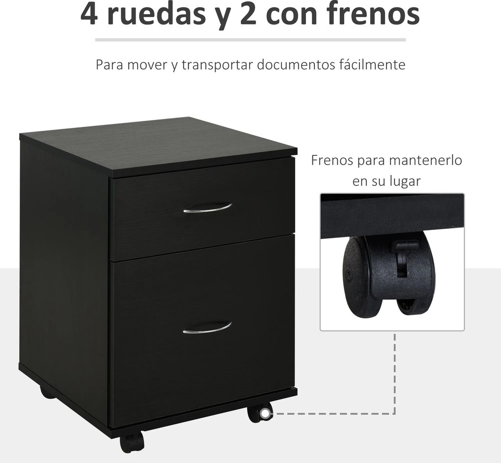 HOMCOM Dřevěný mobilní archivar s kolečky a 2 šuplíky, kancelářský a domácí filing kabinet 41x39x58cm Černý