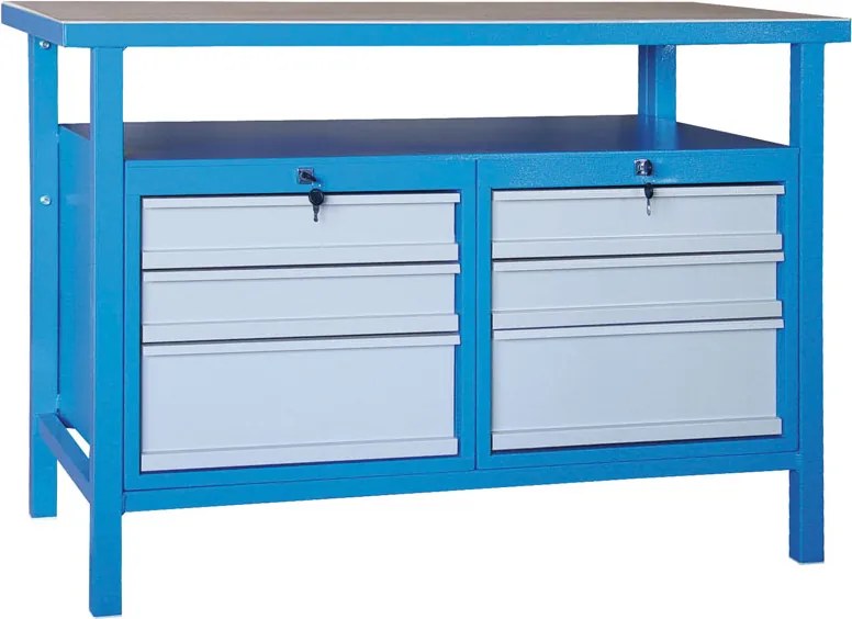 Dílenský pracovní stůl GD, smrk + oboustranně dýhovaná smrková překližka, 6 zásuvek, 1190 x 600 x 850 mm, šedá