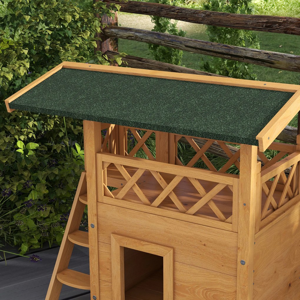 PawHut dvoupatrový domek pro kočky s asfaltovou střechou a balkonem, vila pro kočky z masivního dřeva se schody, přírodní, 77x50x73cm| Aosom