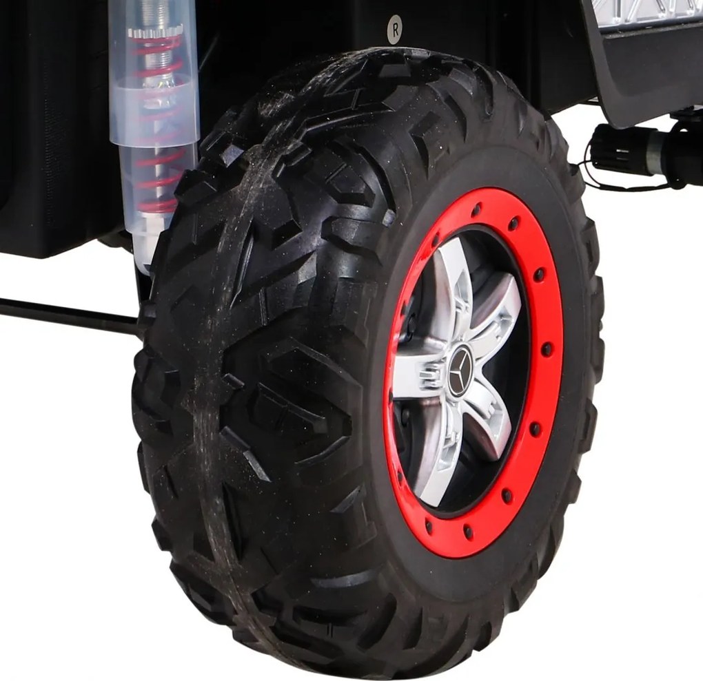 Ramiz Mercedes Benz Unimog elektrické autíčko pro děti červené + pohon 4x4 + dálkové ovládání + nosič zavazadel + pomalý start + MP3 + LED