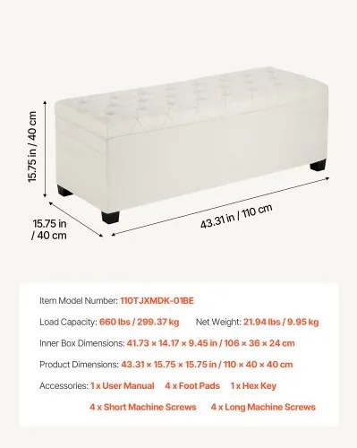 Úložný taburet VEVOR, 1060 × 360 × 240 mm – 1100 × 400 × 400 mm