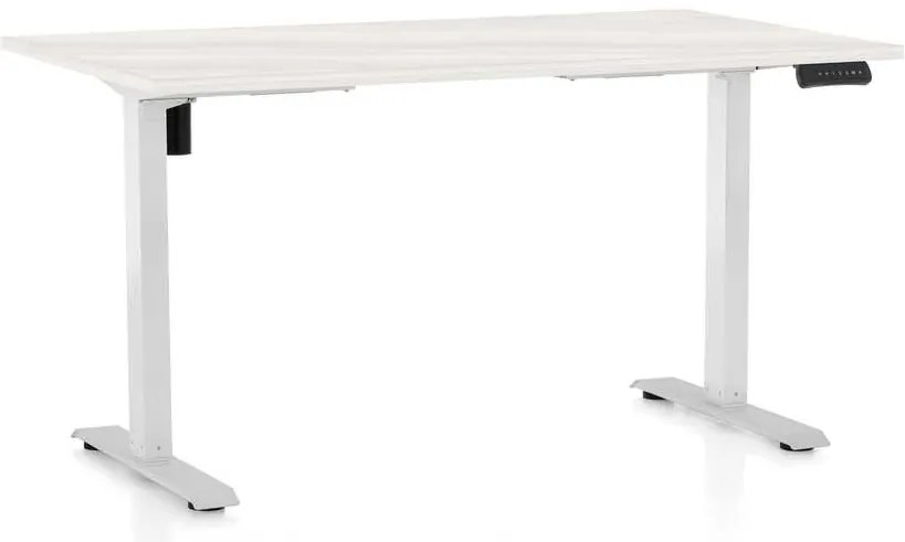 Výškově nastavitelný stůl OfficeTech B, 140 x 80 cm, bílá podnož, bílý jasan